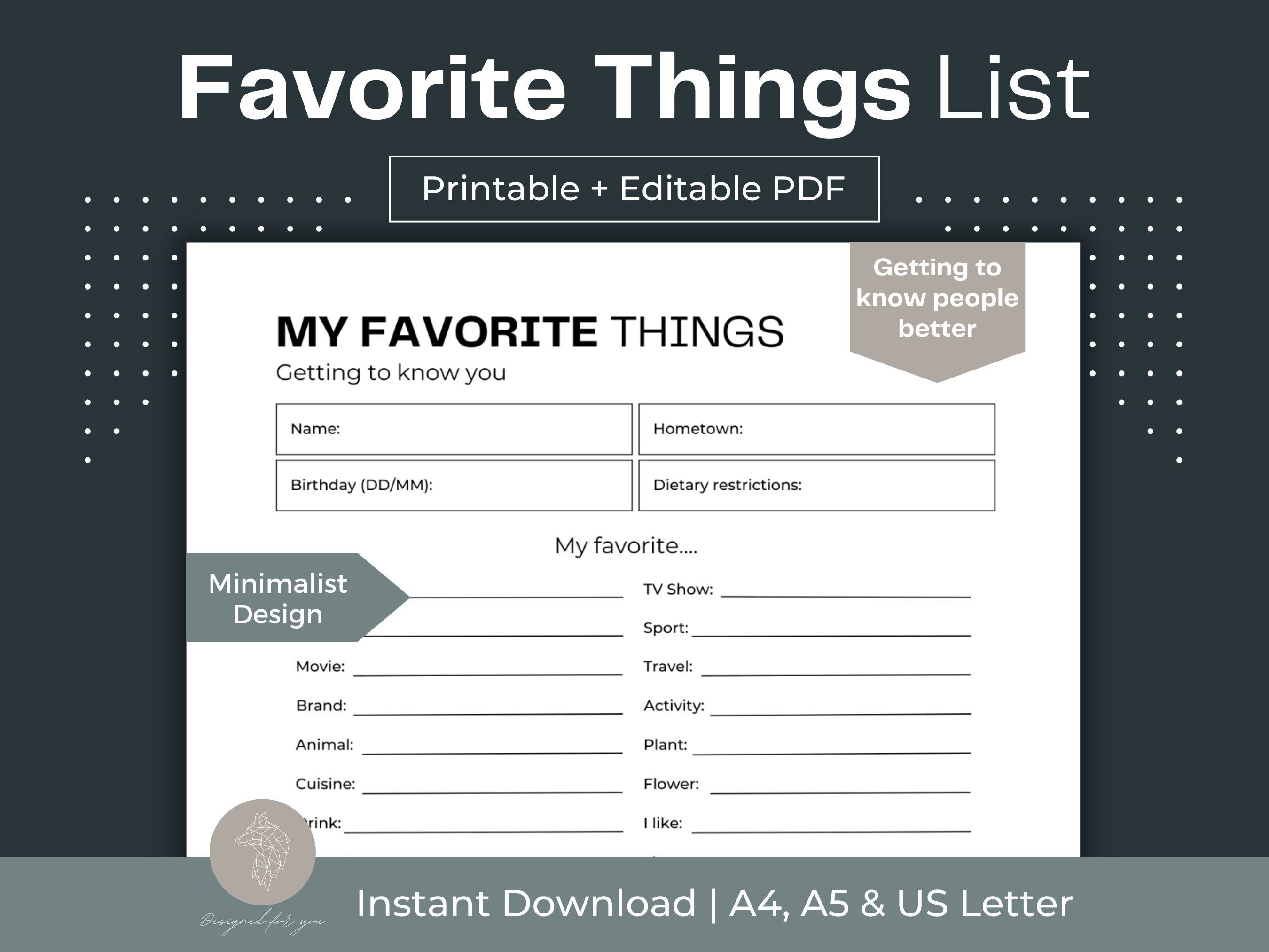 Favorite Things List Get to Know You Questions All About Me Survey ...
