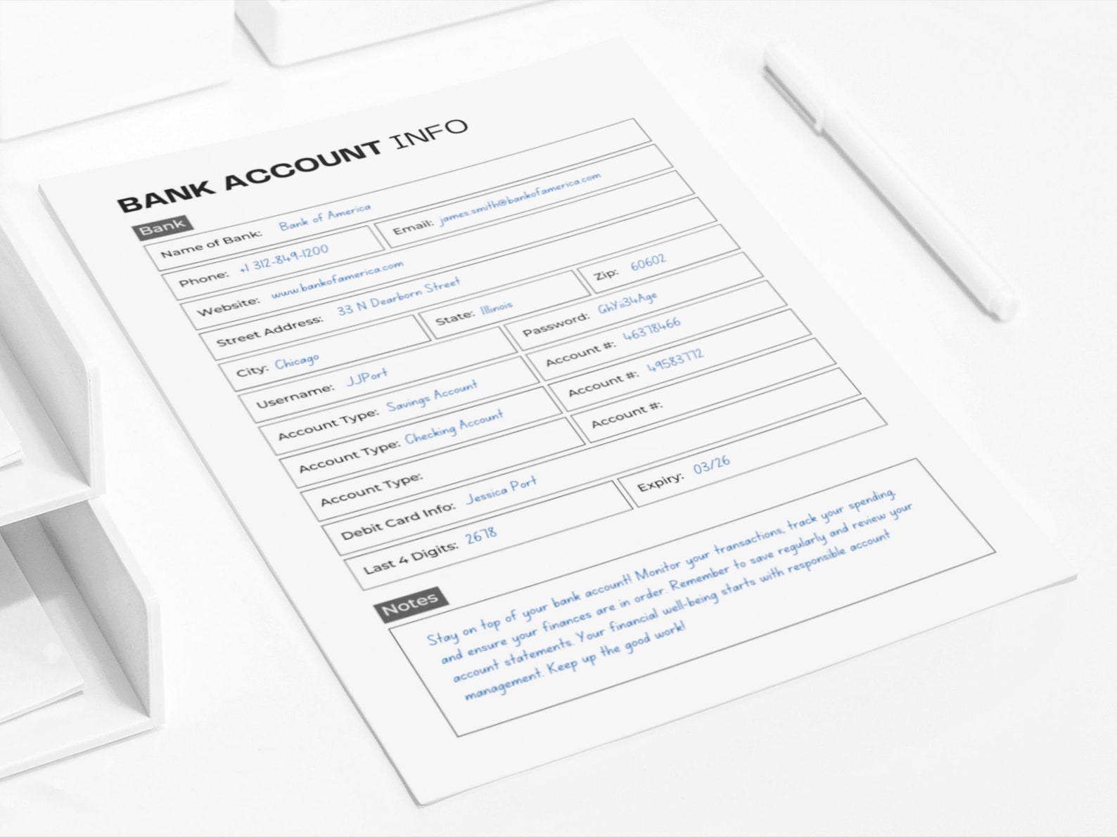 Bank Account Tracker Printable Credit Card Information Tracker Fillable ...