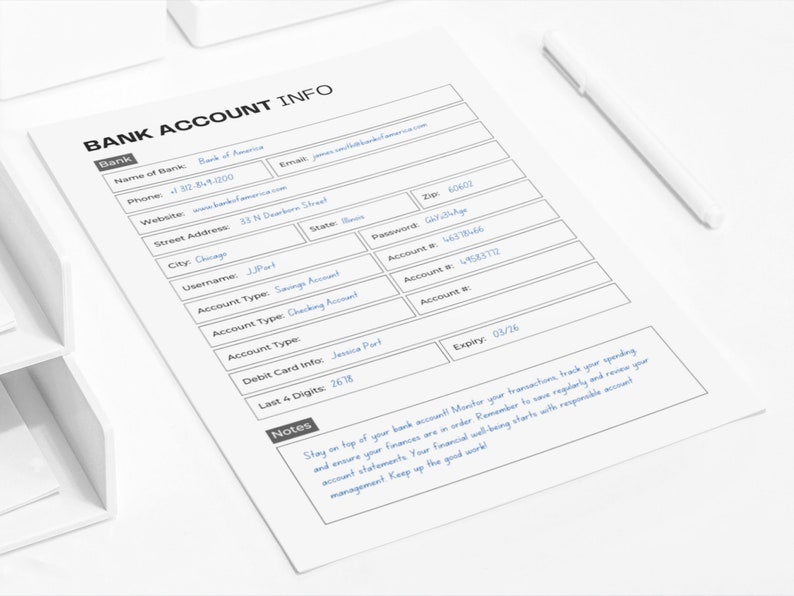 Bank Account Tracker Printable Credit Card Information Tracker Fillable ...