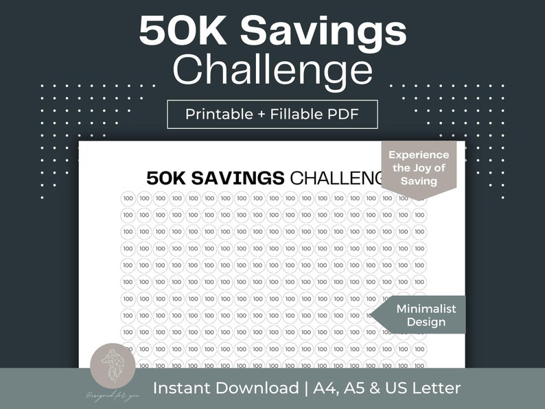 50k Savings Challenge Printable Savings Tracker Fillable PDF Money ...