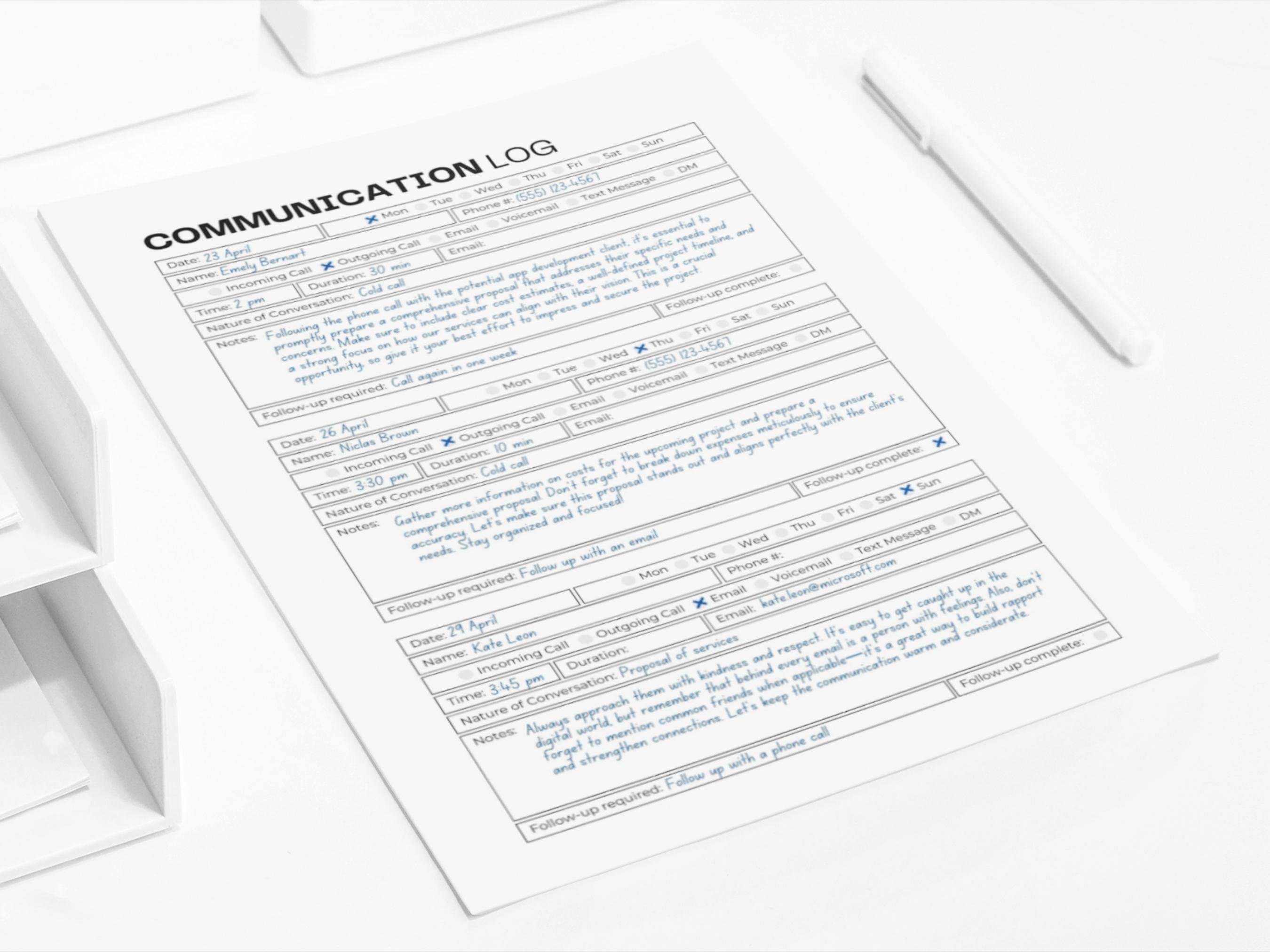 Communication Log Printable Call Tracker Fillable PDF Phone Call Log ...