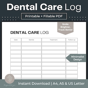 Dental Care Log Printable Doctor Appointment Log Fillable PDF for Your ...