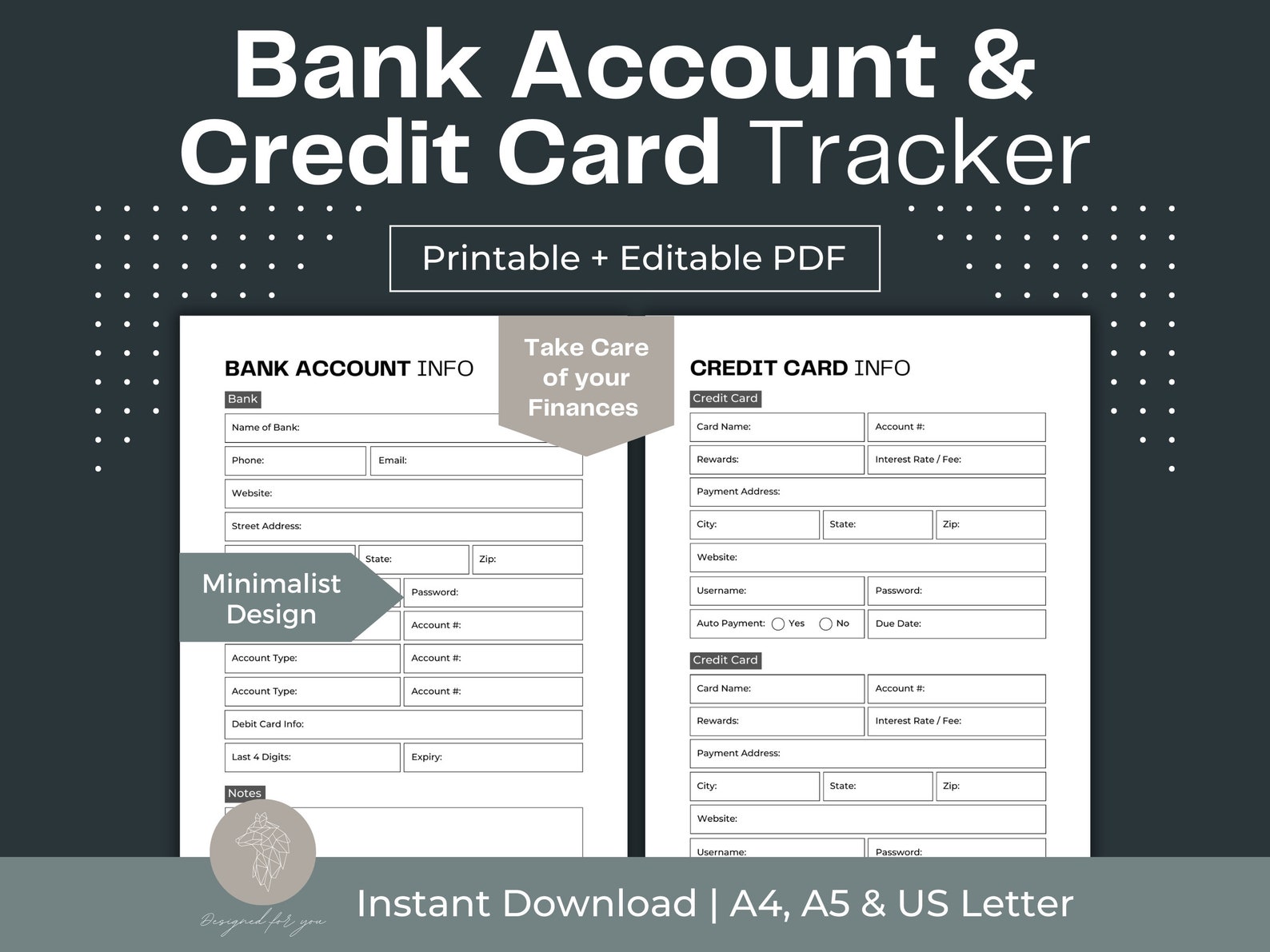 Bank Account Tracker Printable Credit Card Information Tracker Fillable ...