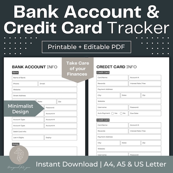 Bank Account Tracker Printable Credit Card Information Tracker Fillable ...
