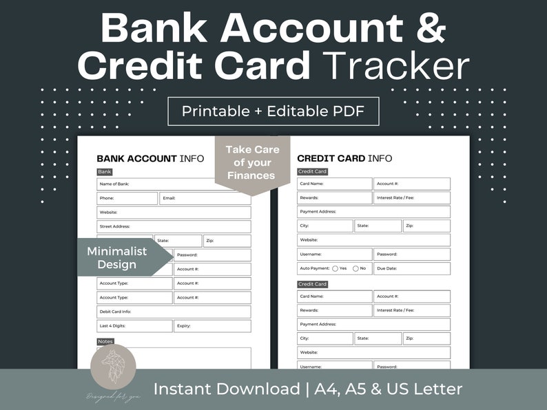 Bank Account Tracker Printable Credit Card Information Tracker Fillable ...