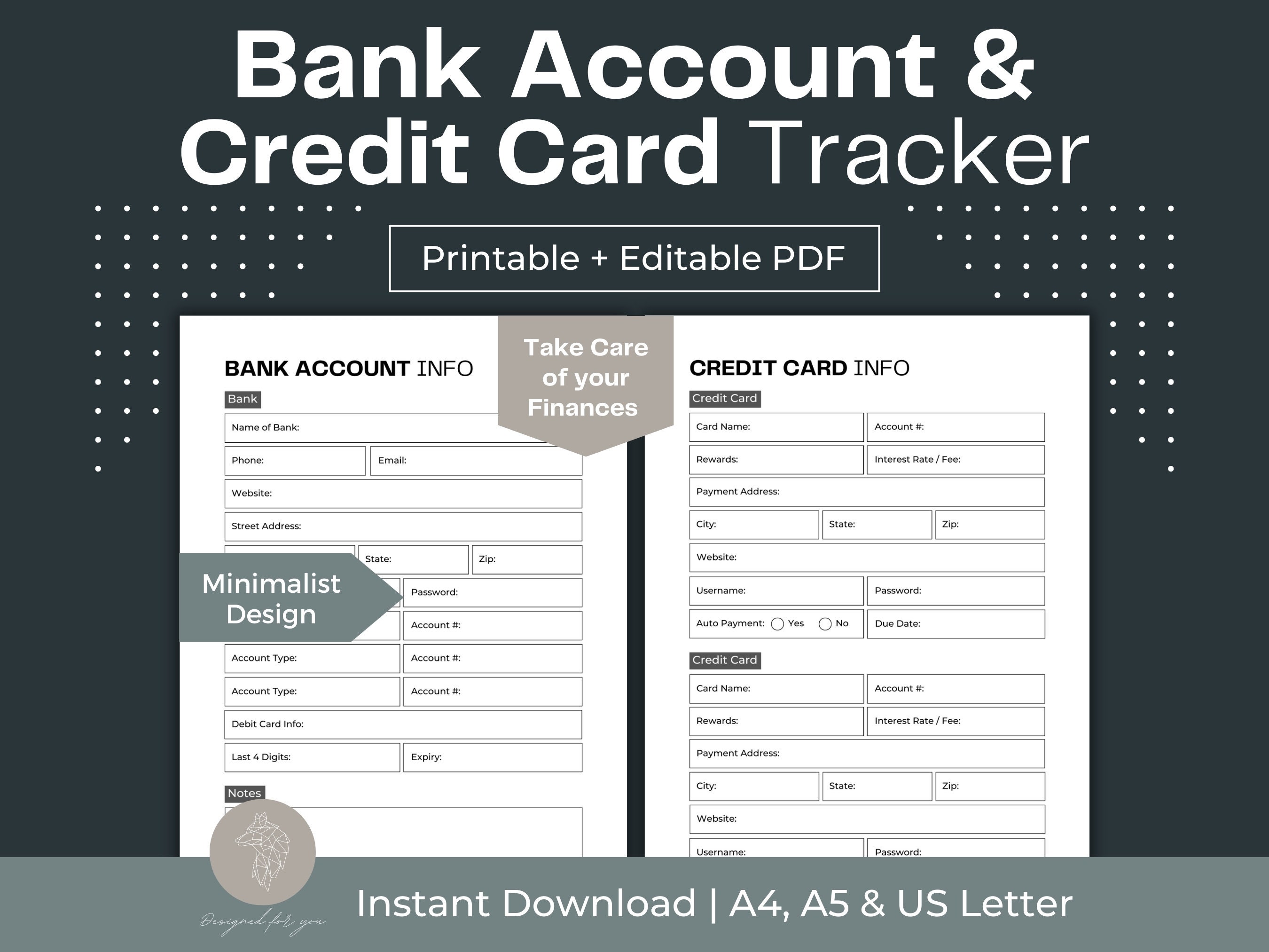 Bank Account Tracker Printable Credit Card Information Tracker Fillable ...