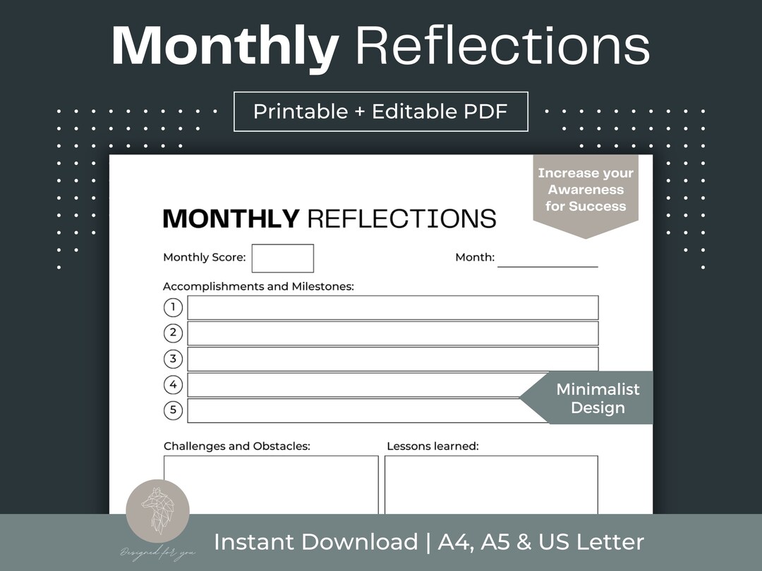 Monthly Reflections Planner, Goal Tracker (fillable PDF) - Etsy