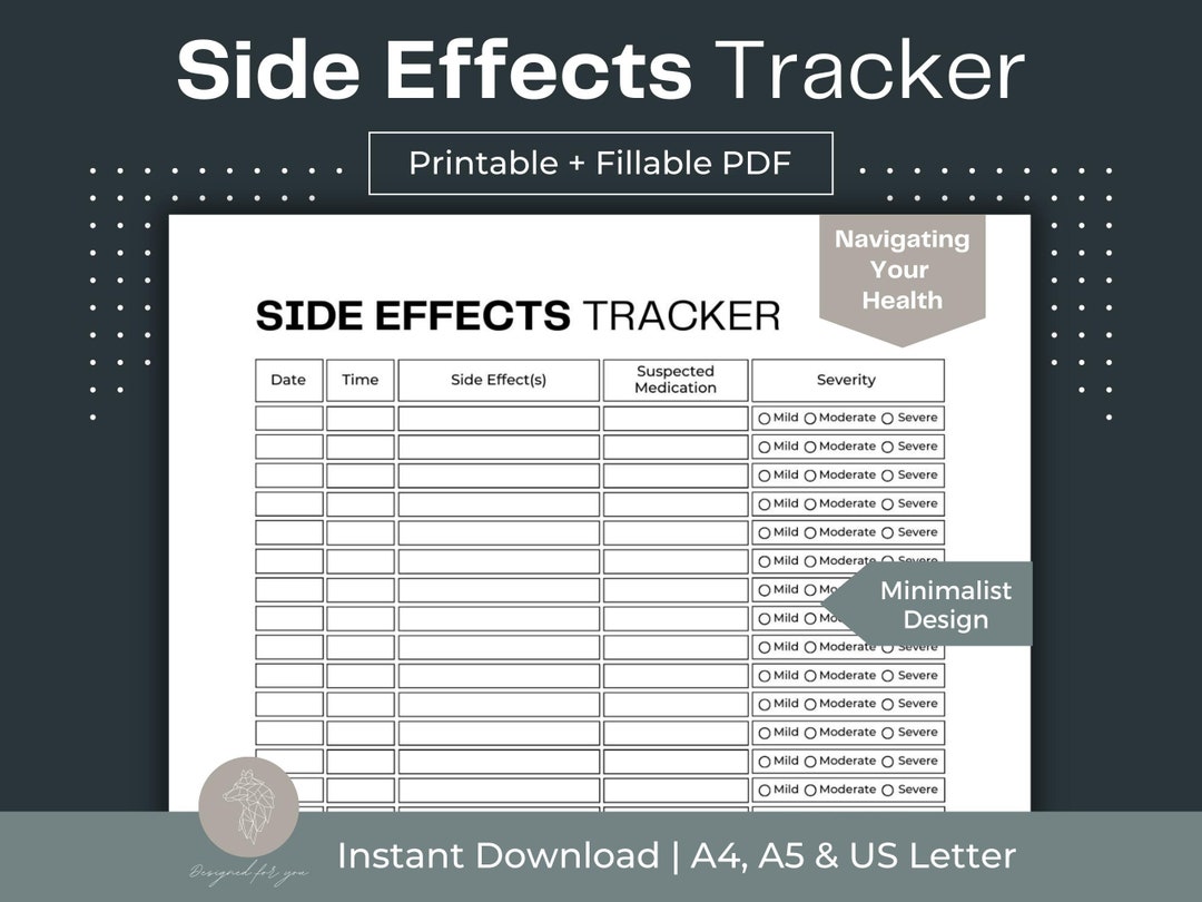 Side Effects Tracker Printable Chronic Pain Tracker Fillable PDF ...