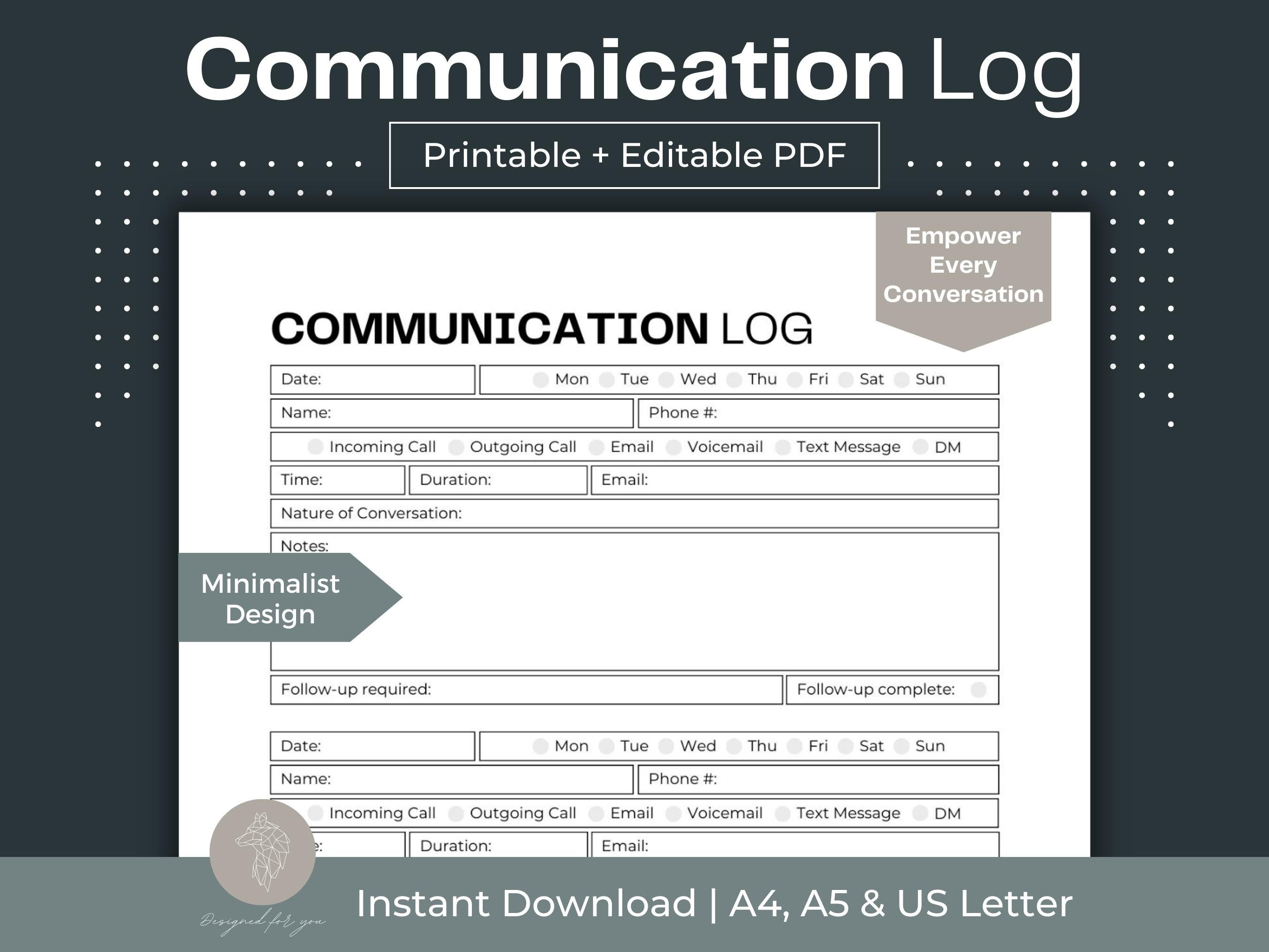Communication Log Printable Call Tracker Fillable PDF Phone Call Log ...