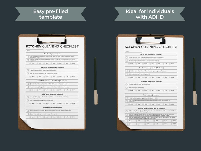 Kitchen Cleaning Checklist Printable ADHD Cleaning Planner Adult Chore ...