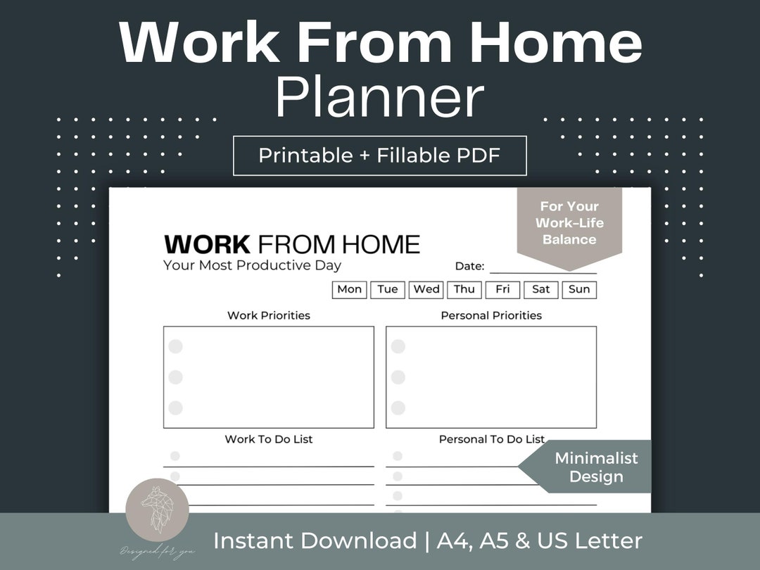 Work From Home Planner: Fillable PDF, Daily Organizer (A4, A5, Letter ...