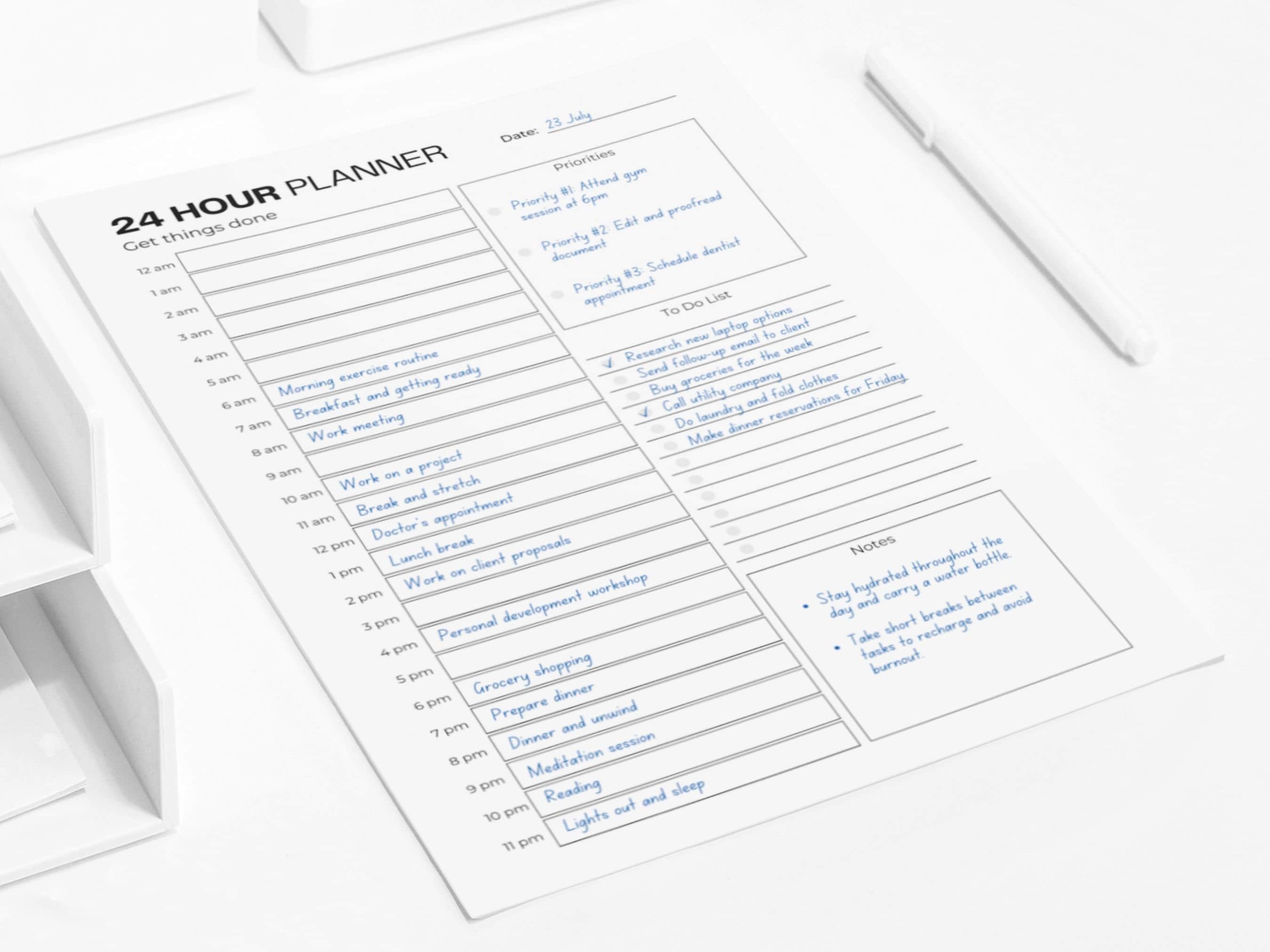 24 Hour Planner Printable Day Planner Fillable PDF Daily Planner Daily ...