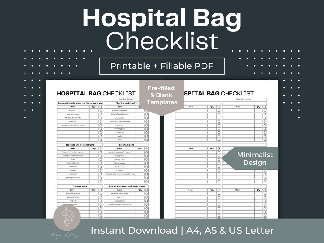 Printable Hospital Bag Checklist Fillable PDF Hospital Bag Organizer ...