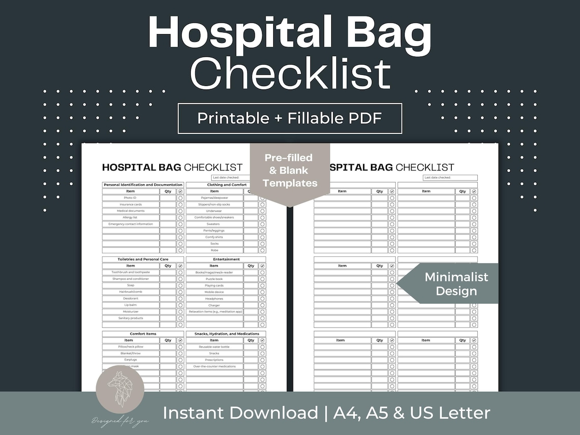 Printable Hospital Bag Checklist Fillable PDF Hospital Bag Organizer ...