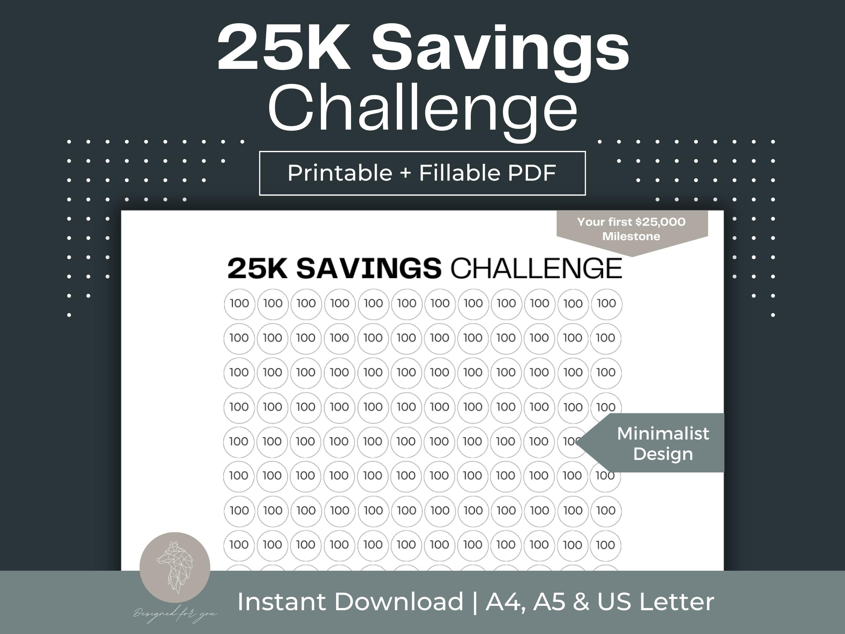 25k Savings Challenge Printable 52 Week Savings Challenge Fillable PDF ...