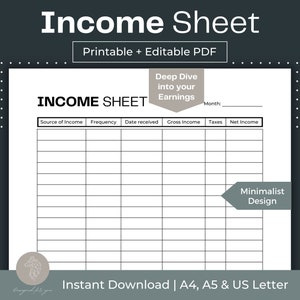 Income Sheet Printable Paycheck Budget Tracker Fillable PDF Savings ...