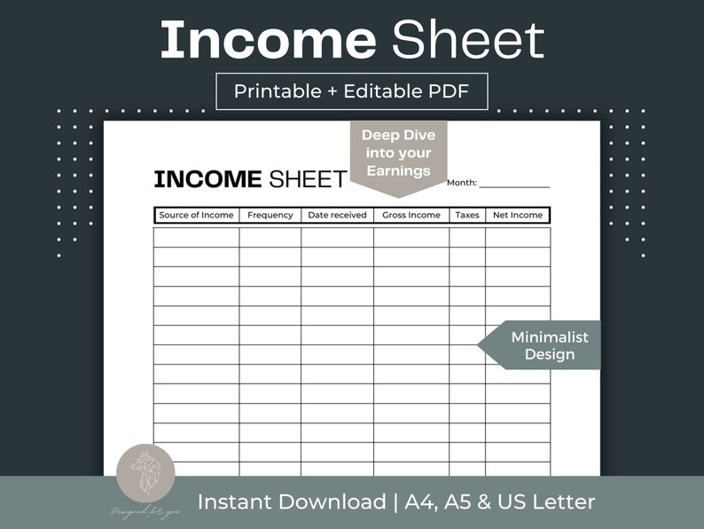 Income Sheet Printable | Paycheck Budget Tracker (fillable PDF) - Etsy