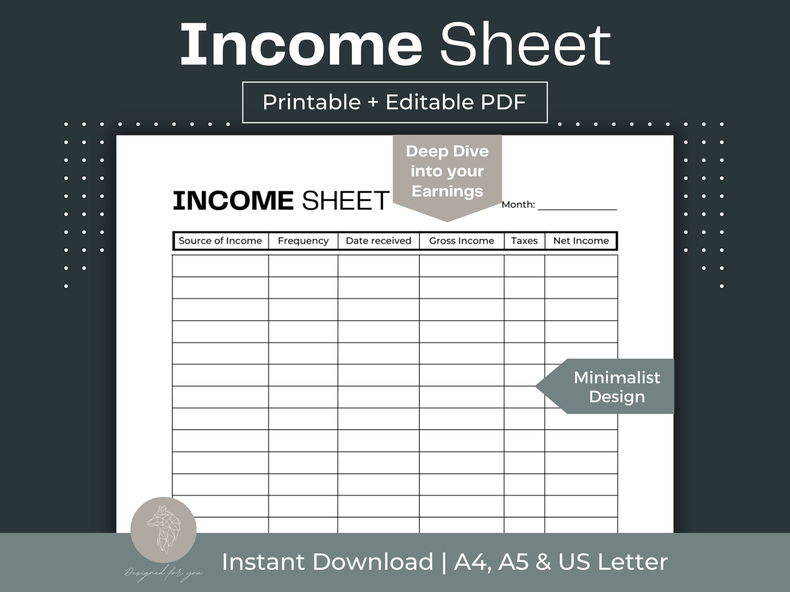 Income Sheet Printable Paycheck Budget Tracker Fillable PDF Savings ...