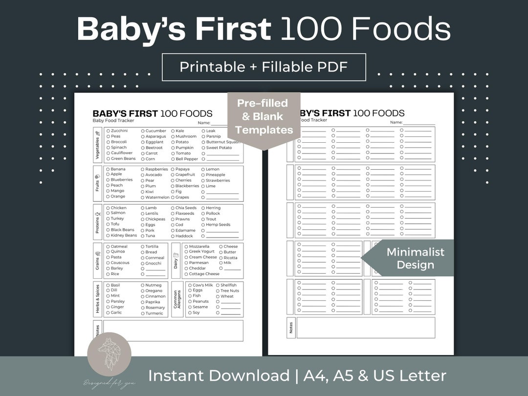 Babys First 100 Foods Printable Baby Food Tracker Fillable PDF Baby ...