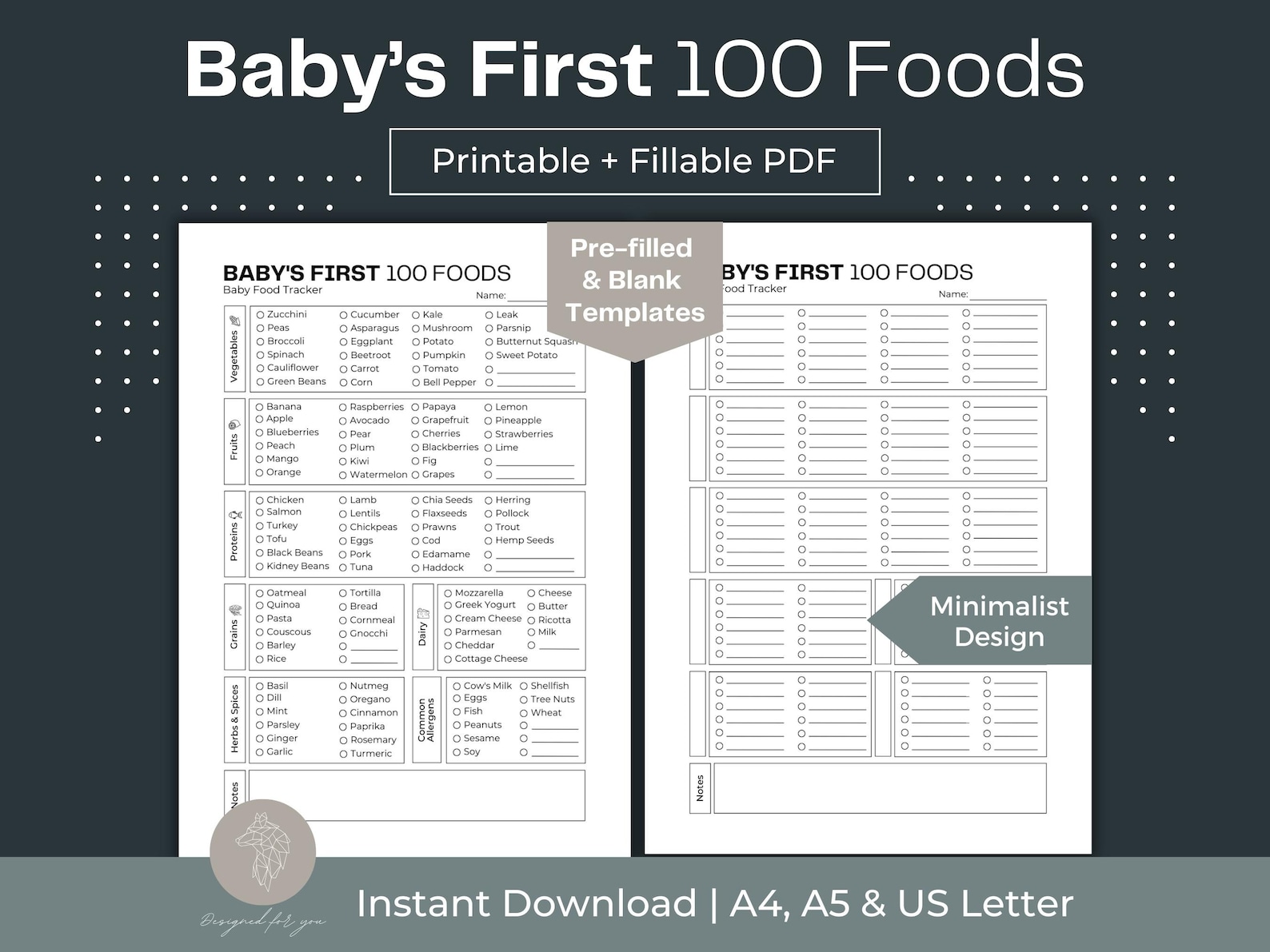Babys First 100 Foods Printable Baby Food Tracker Fillable PDF Baby ...
