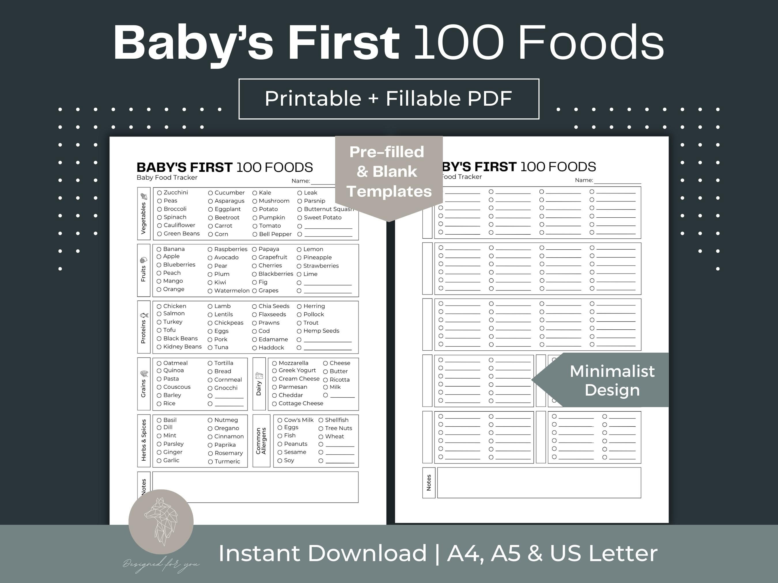 Babys First 100 Foods Printable Baby Food Tracker Fillable PDF Baby ...
