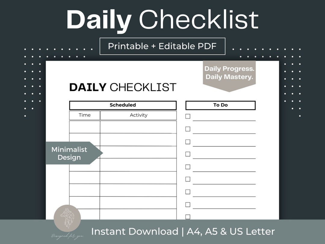 Daily Checklist Printable Checklist Minimal to Do List Fillable PDF ...