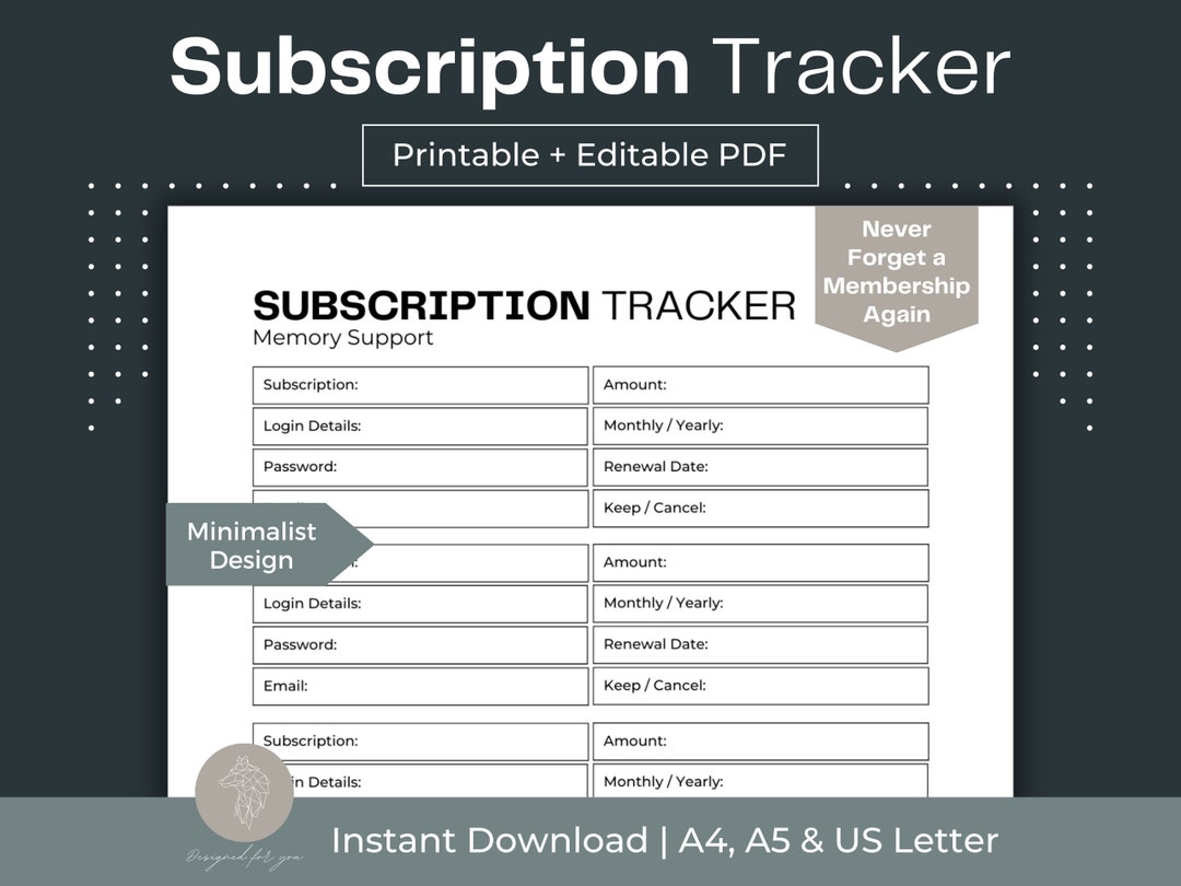 Subscription Tracker Printable, Fillable PDF (A4, A5, Letter) - Etsy