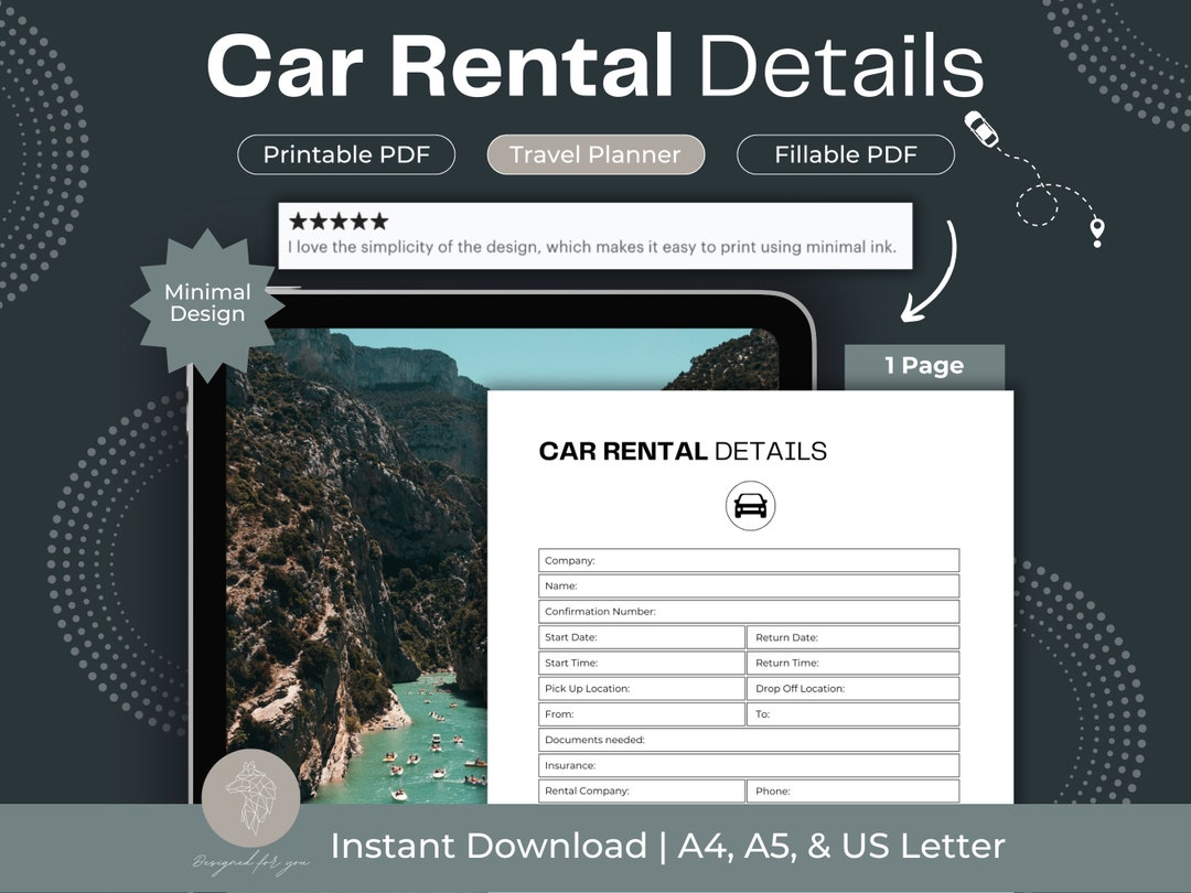 Car Rental Details Printable, Travel Templates, Travel Itinerary ...