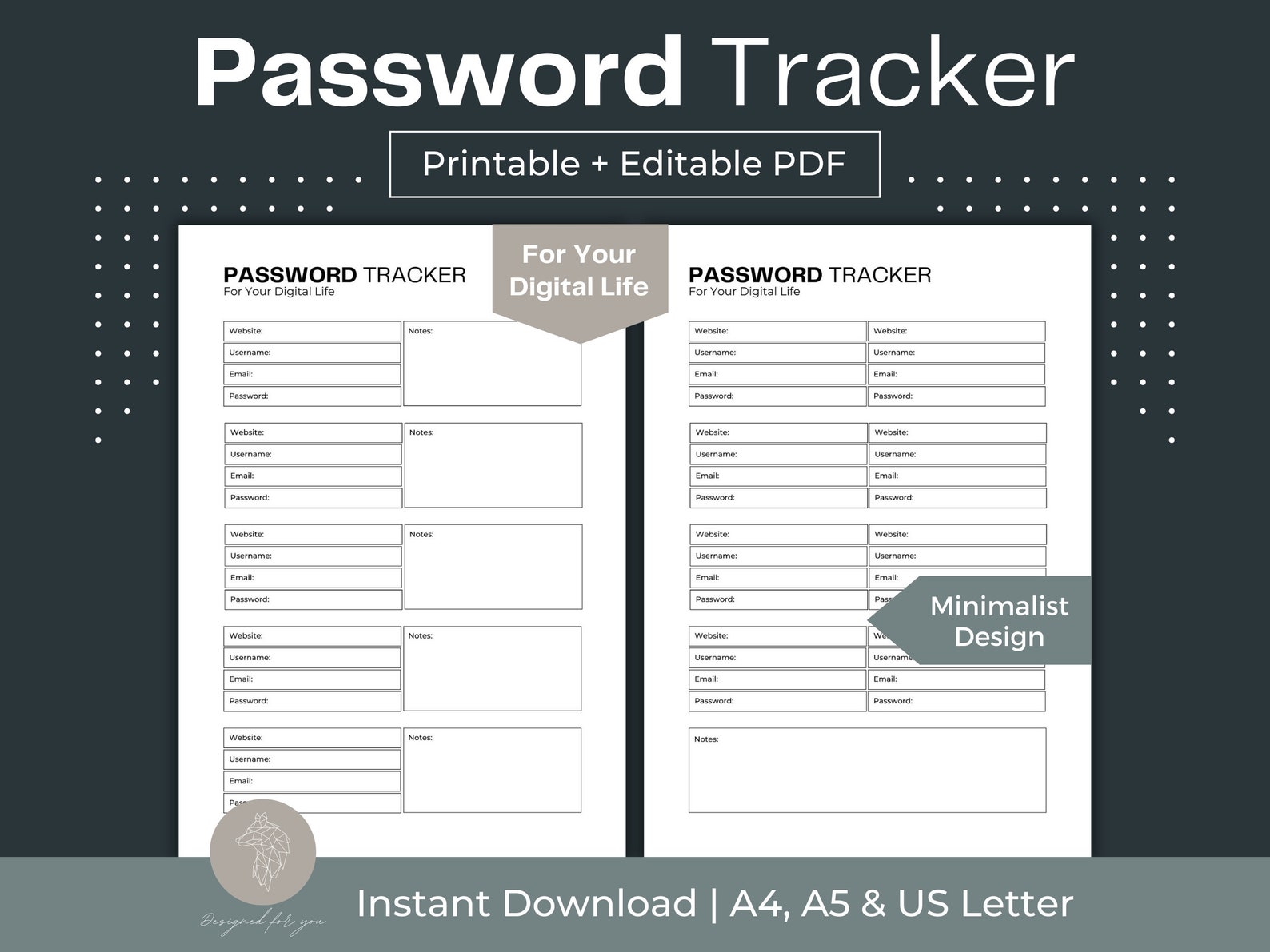 Password Tracker Printable Password Log Template for Password Keeper ...