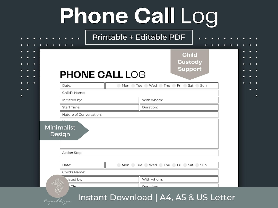 Phone Call Log Printable Child Custody Call Tracker Fillable PDF Co ...