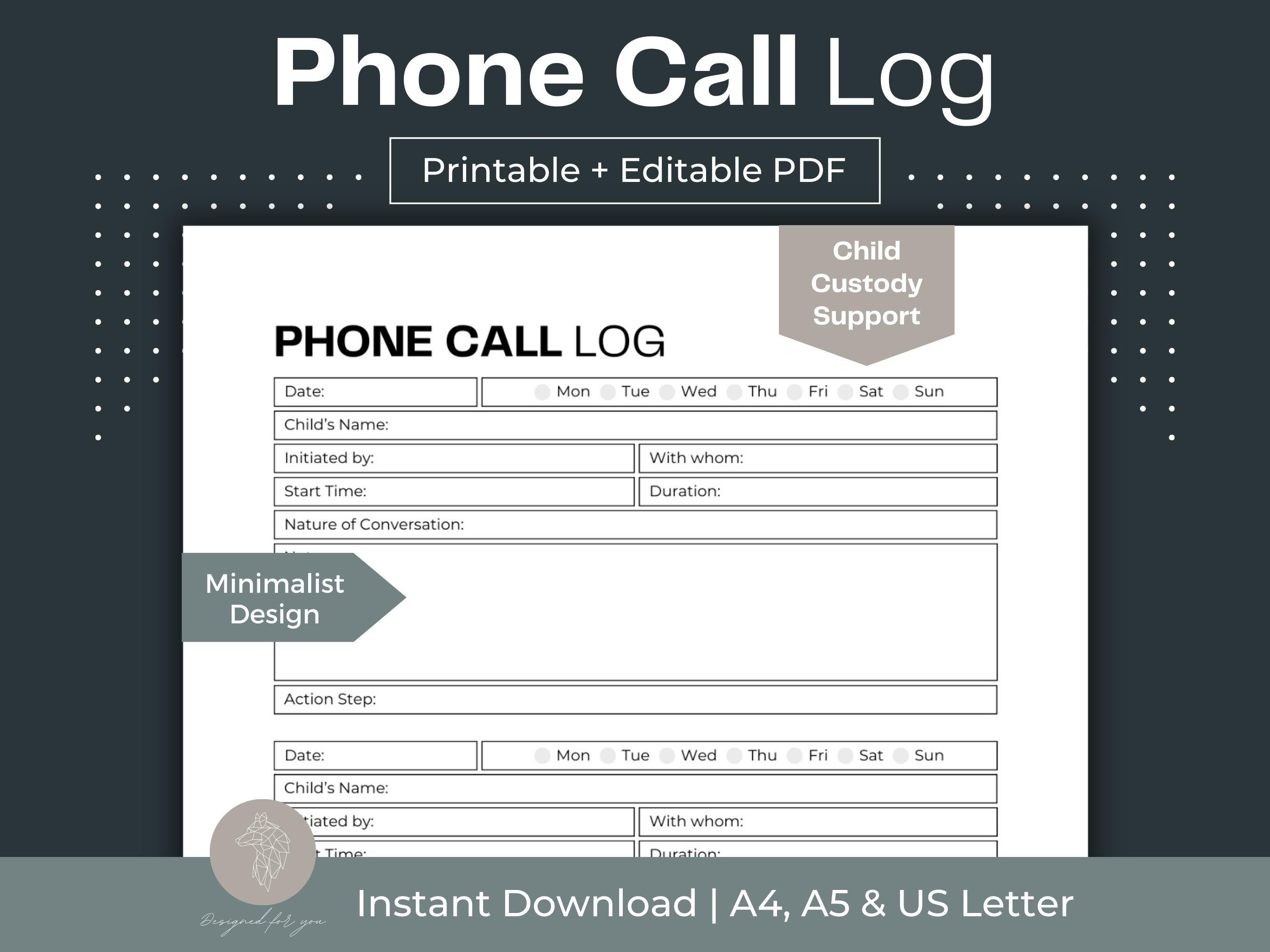 Phone Call Log Printable Child Custody Call Tracker Fillable PDF Co ...
