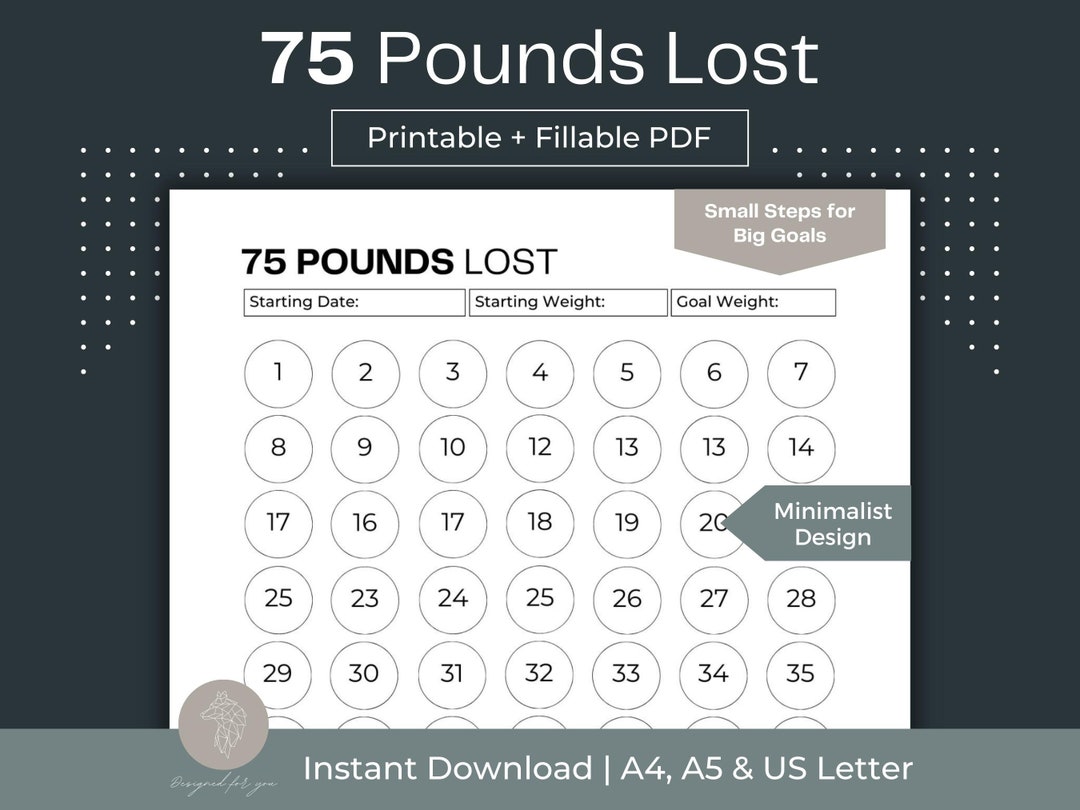 75 Pounds Lost Tracker Weight Loss Journal Printable Weight Loss ...