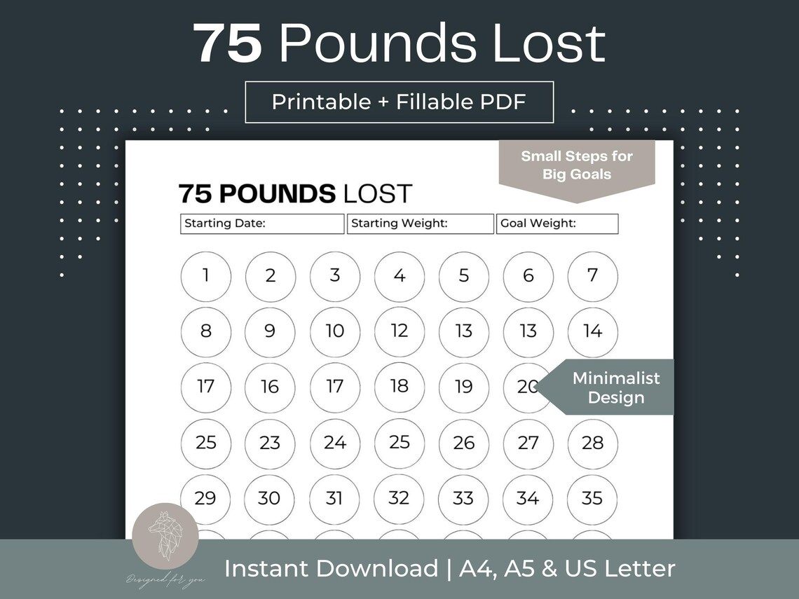 75 Pounds Lost Tracker Weight Loss Journal Printable Weight Loss ...