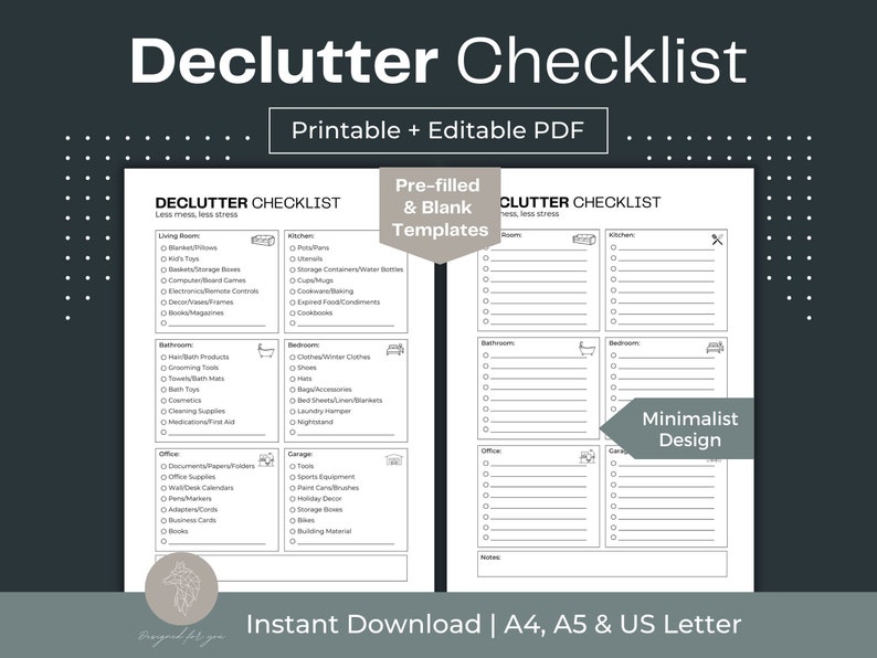 Declutter Checklist Printable, Minimalist Home Organization (A4, A5 ...