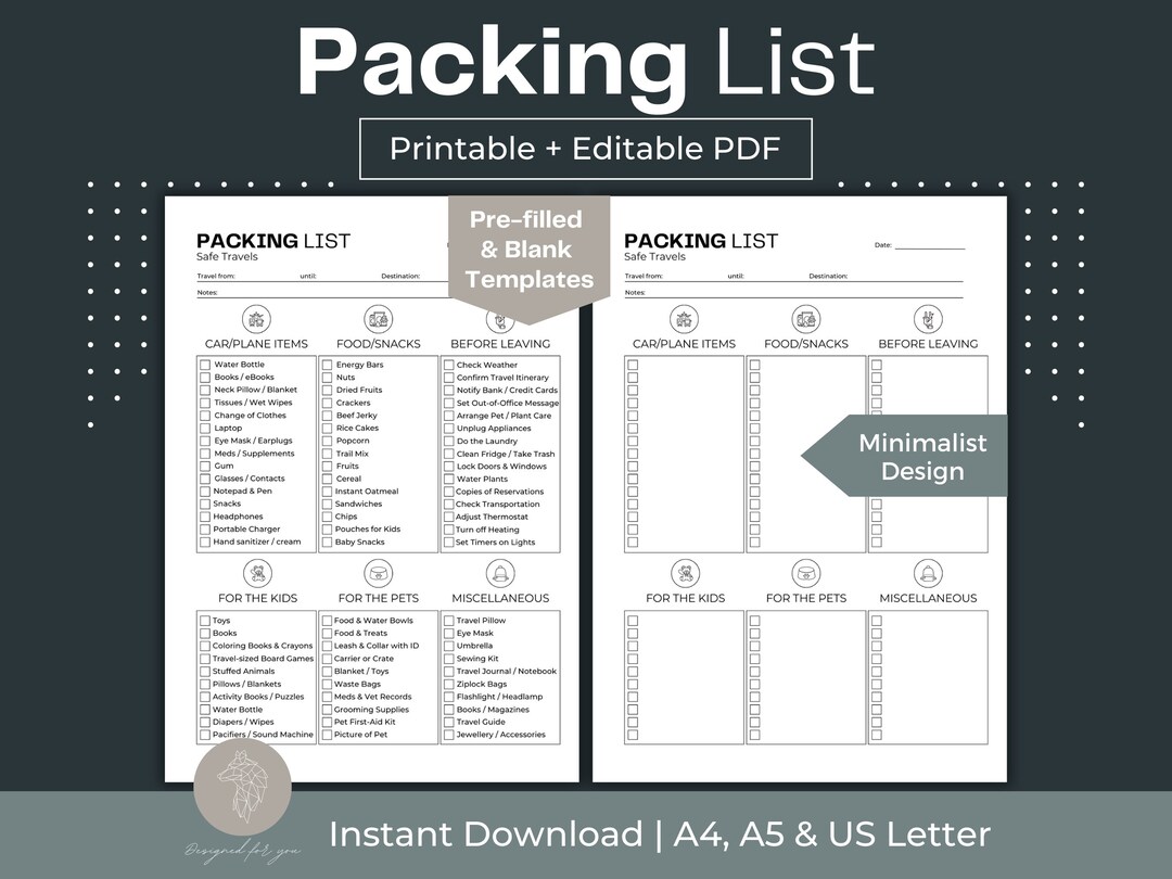 Packing List Printable Travel to Do List Template Fillable PDF Packing ...