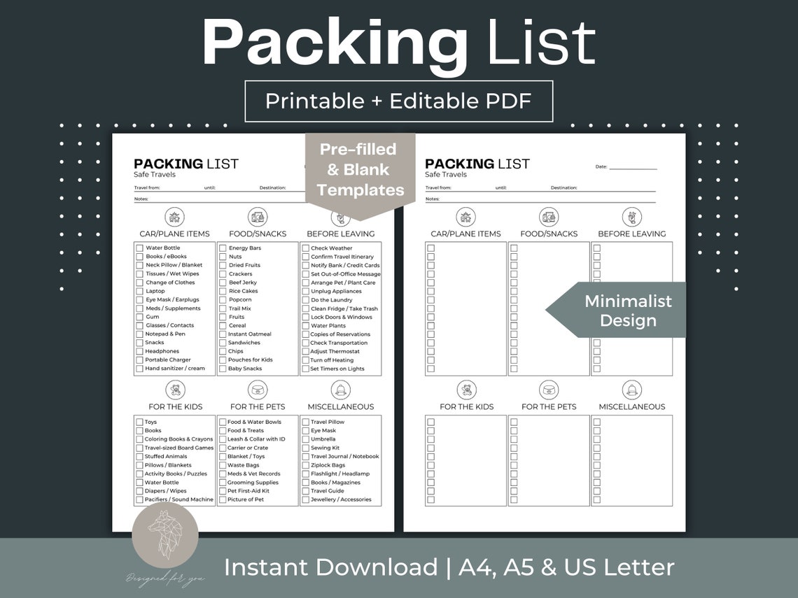 Packing List Printable Travel to Do List Template Fillable PDF - Etsy