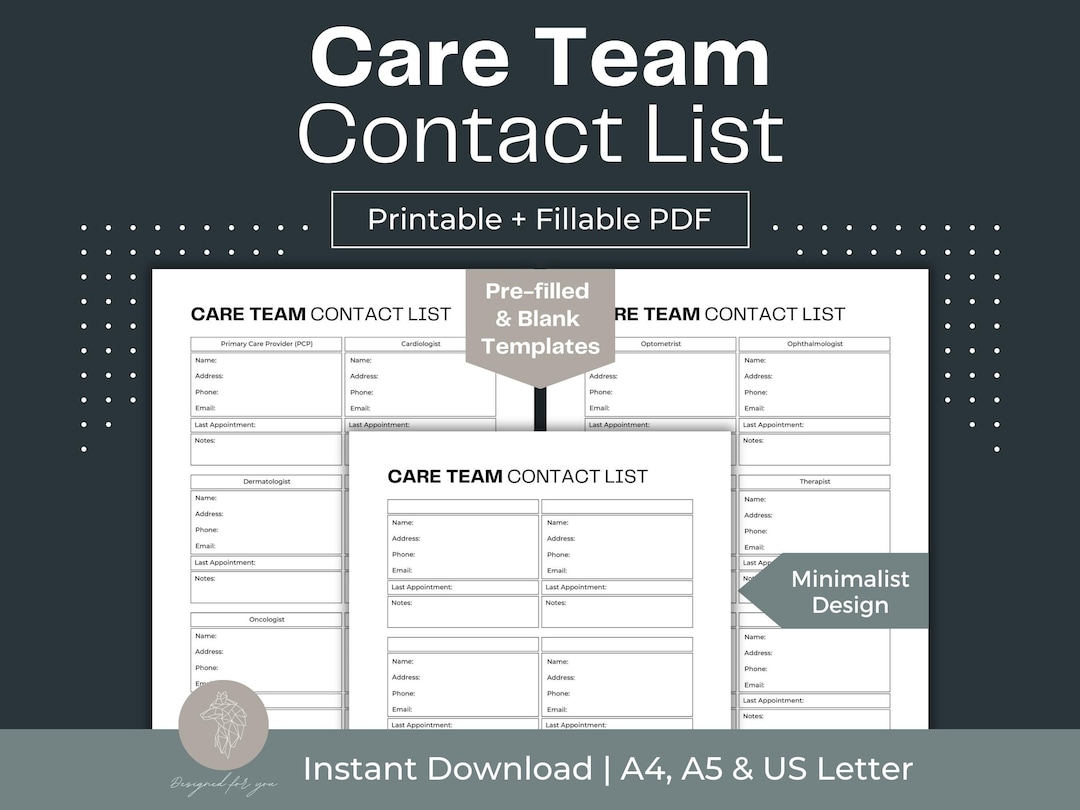 Care Team Contact List Printable Medical Provider Contact List Template ...