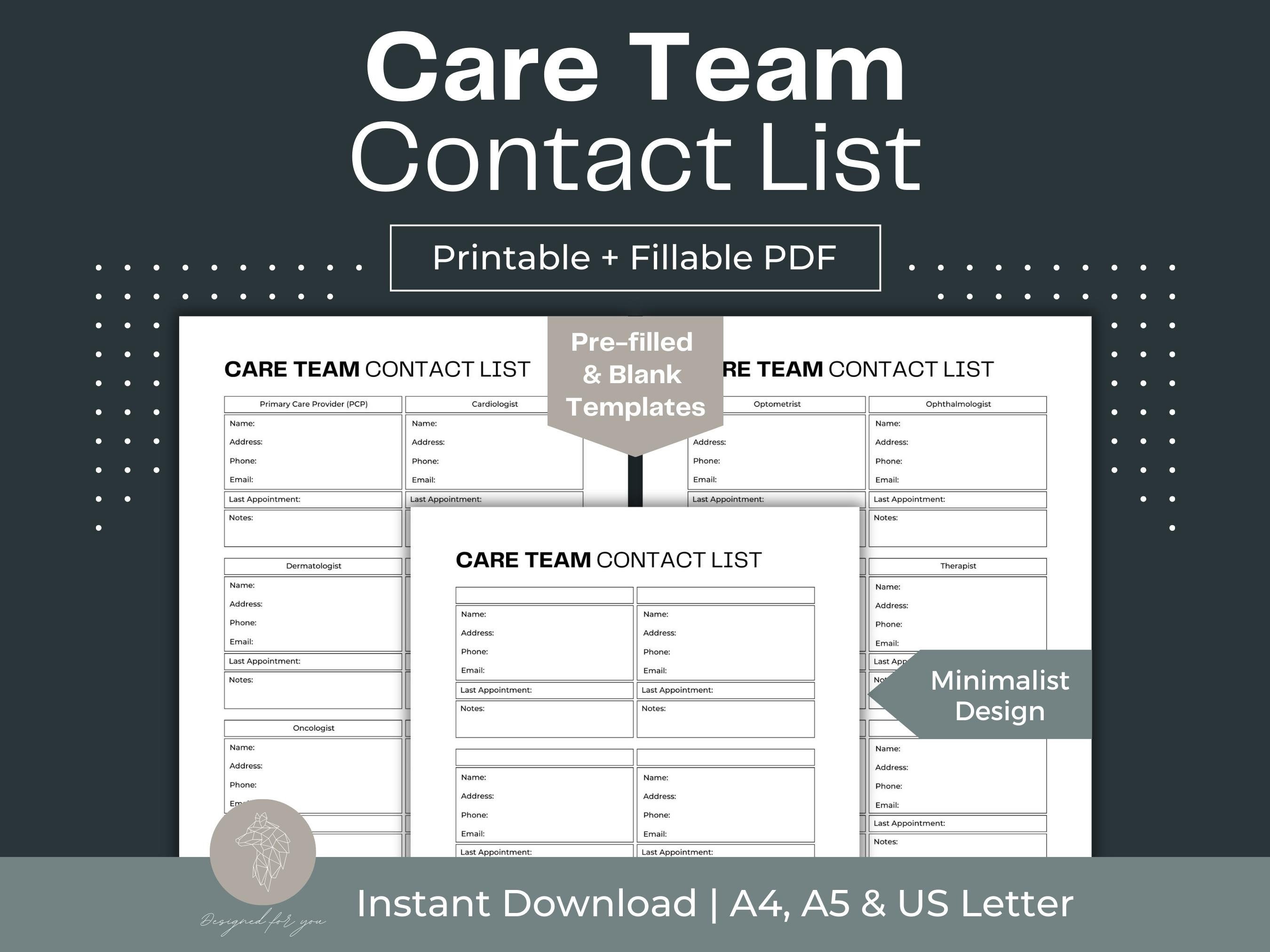 Care Team Contact List Printable Medical Provider Contact List Template ...