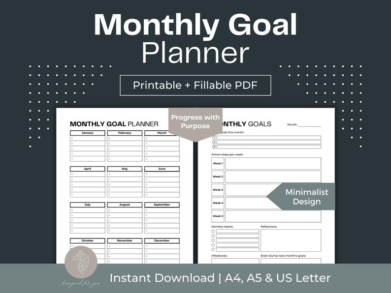 Monthly Goal Planner Printable, Fillable PDF (A4, A5, Letter) - Etsy