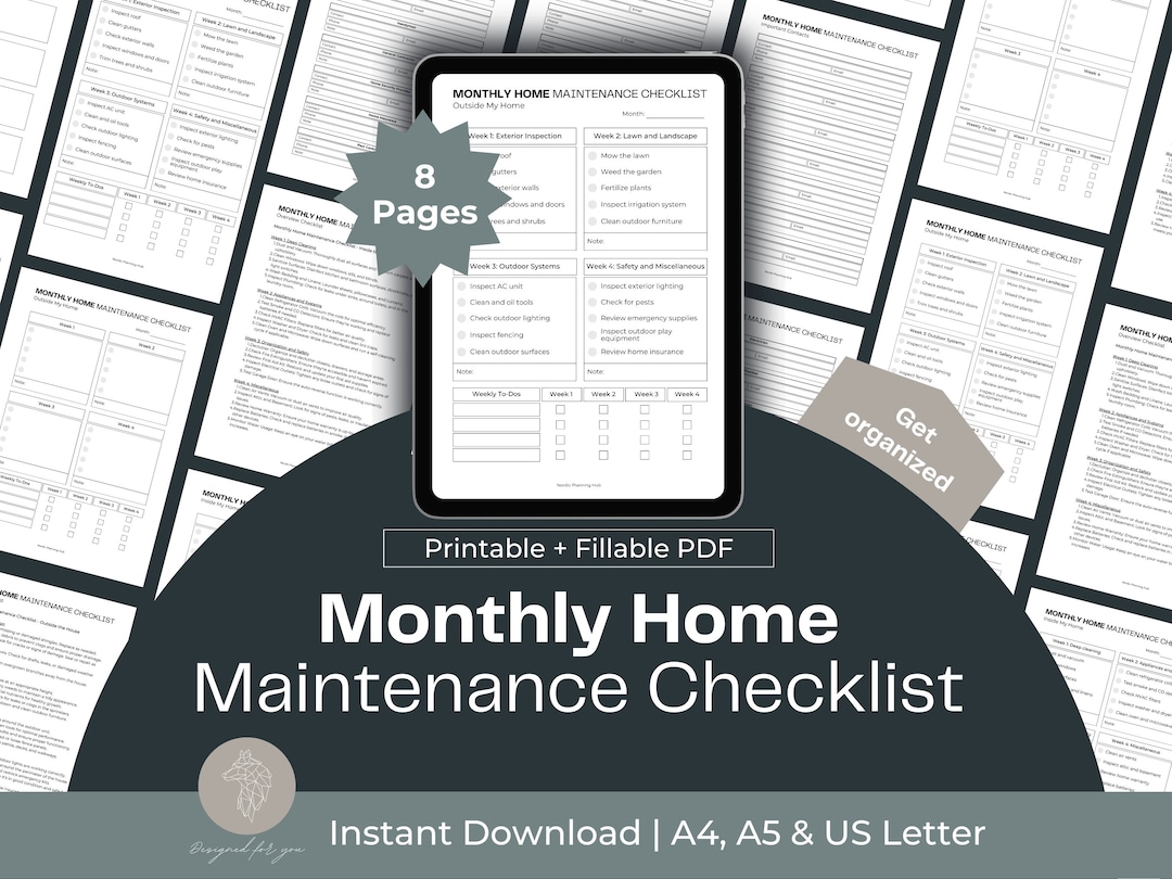Monthly Home Maintenance Checklist, Fillable Printable PDF (A4, A5 ...