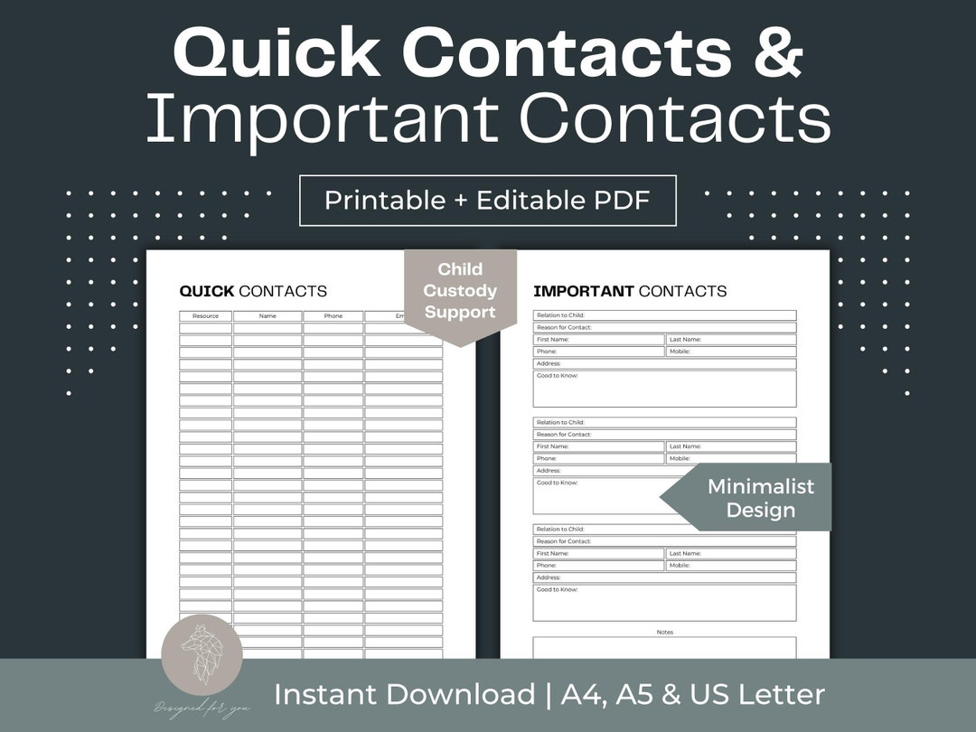 Quick Contacts & Important Contacts Printable Child Custody Planner ...