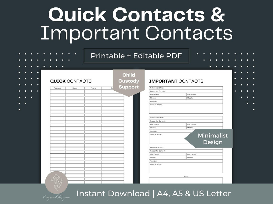 Quick Contacts & Important Contacts Printable Child Custody Planner ...