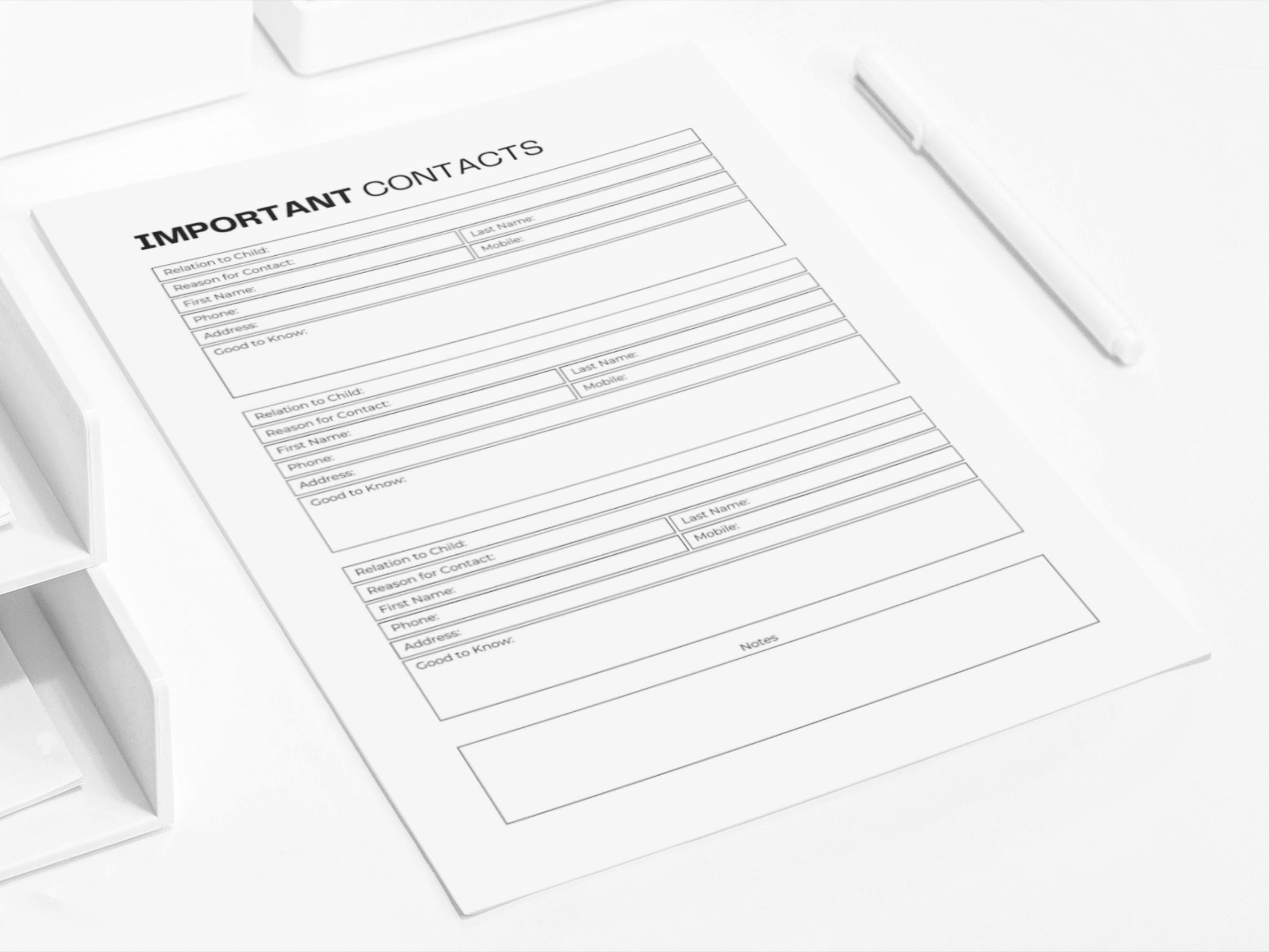 Quick Contacts & Important Contacts Printable Child Custody Planner ...