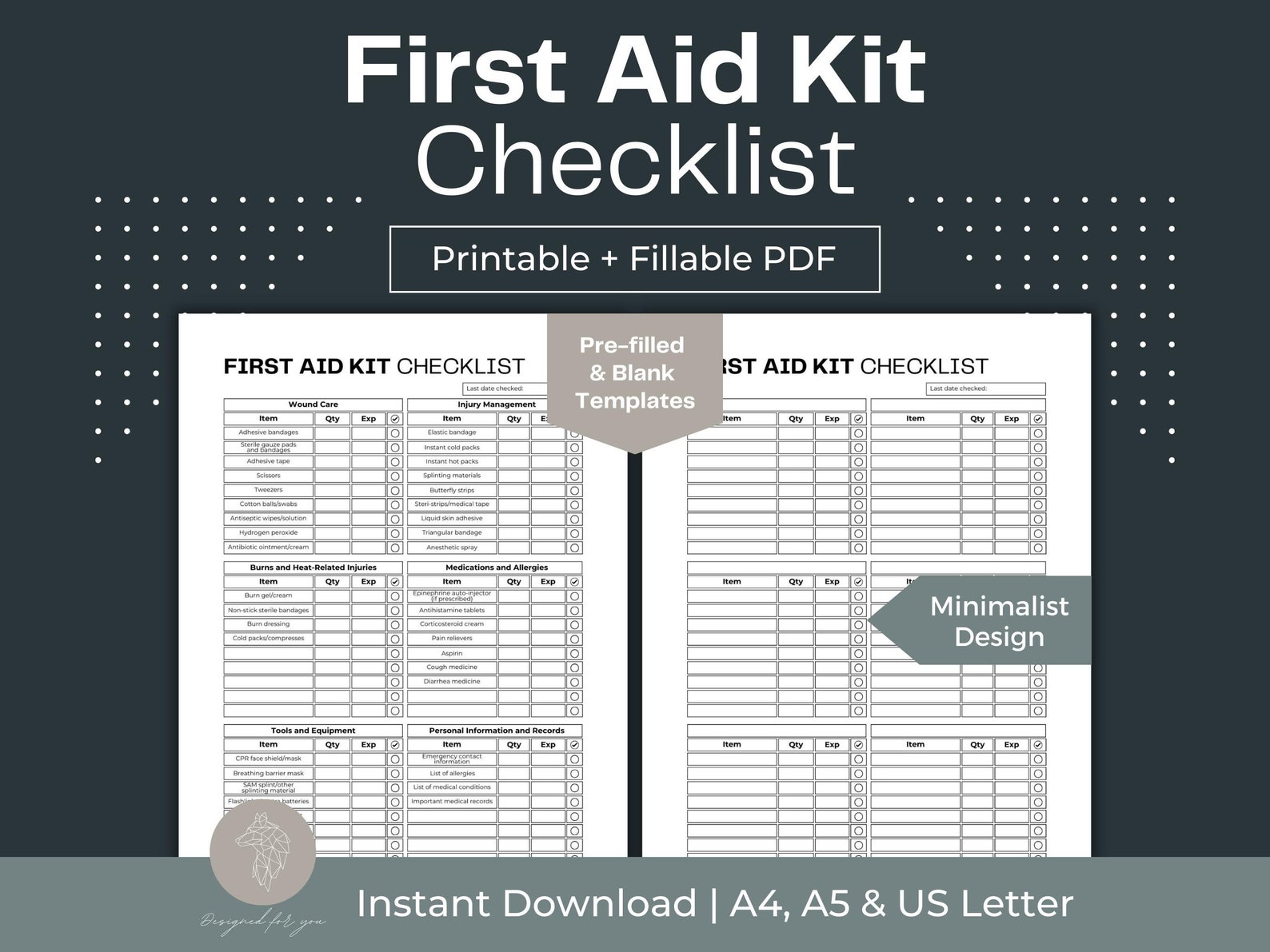 First Aid Kit Checklist Printable Emergency Kit Chronic Pain Fillable ...