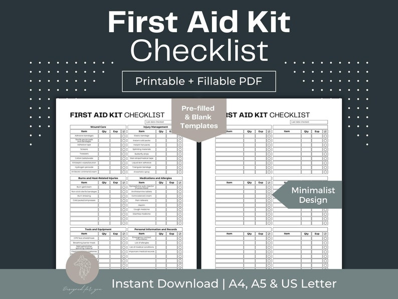 First Aid Kit Checklist Printable Emergency Kit Chronic Pain Fillable ...