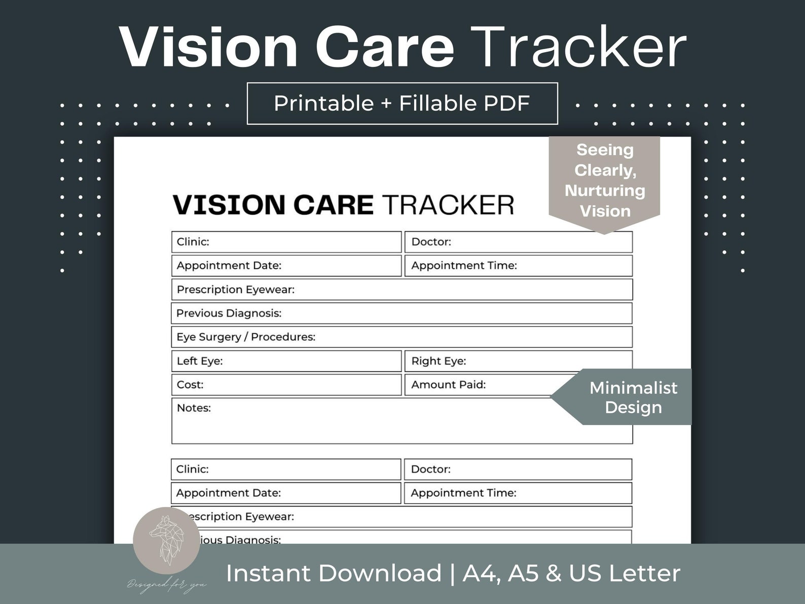Vision Care Tracker Printable Eye Care Log Fillable PDF for Your ...