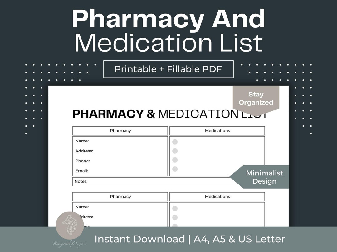 Pharmacy and Medication List Printable Emergency Contact List Chronic ...