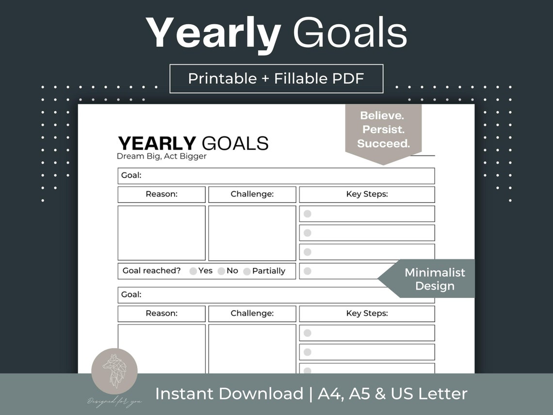 Yearly Goal Planner Printable, Fillable PDF (A4, A5, Letter) - Etsy
