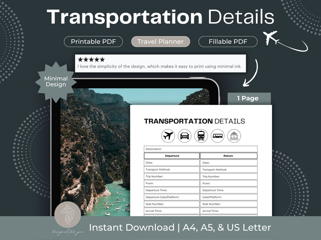 Printable Transportation Details, Travel Templates, Travel Itinerary ...