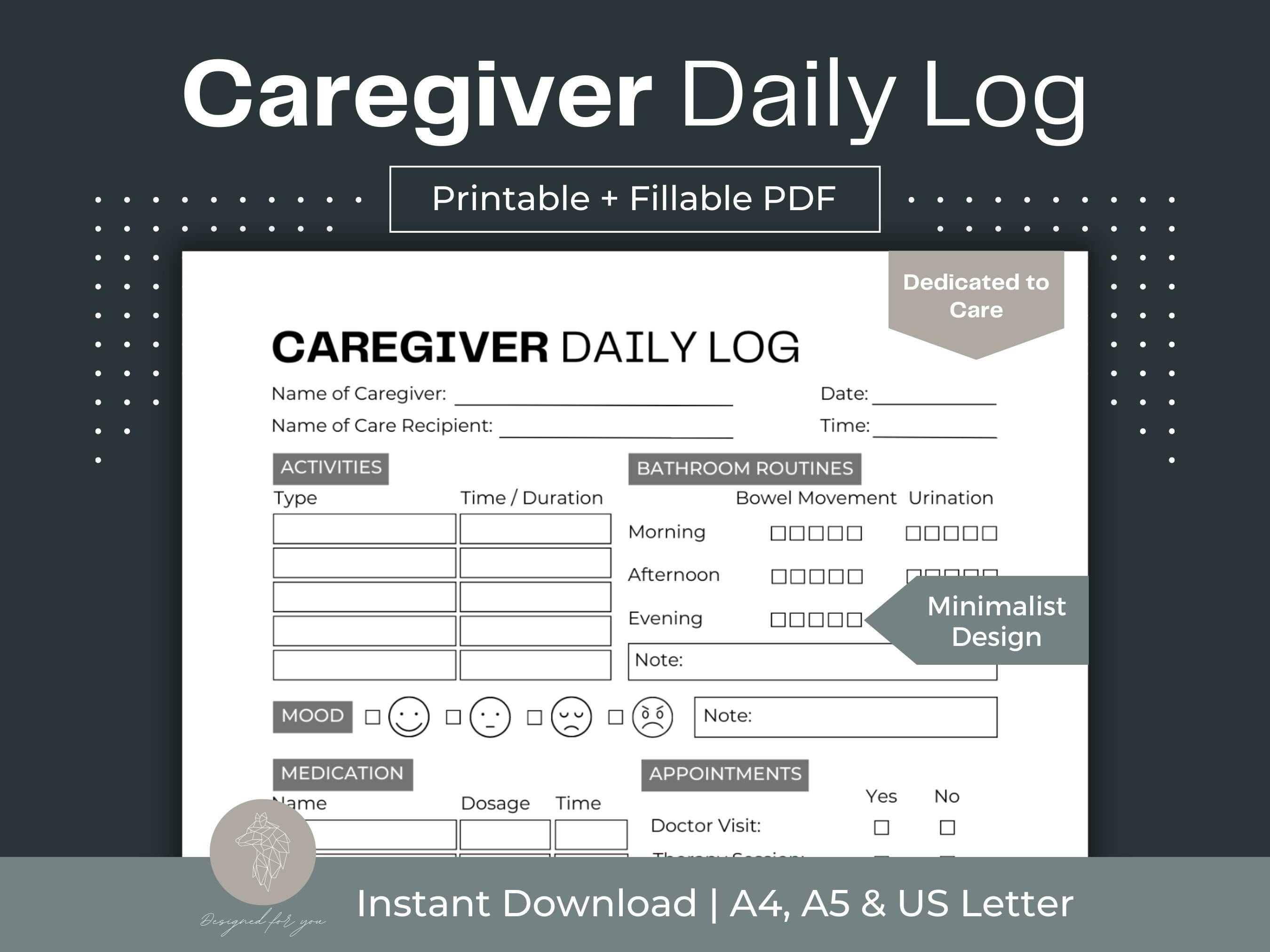 Caregiver Daily Log Printable Caregiver Checklist Fillable PDF Daily ...